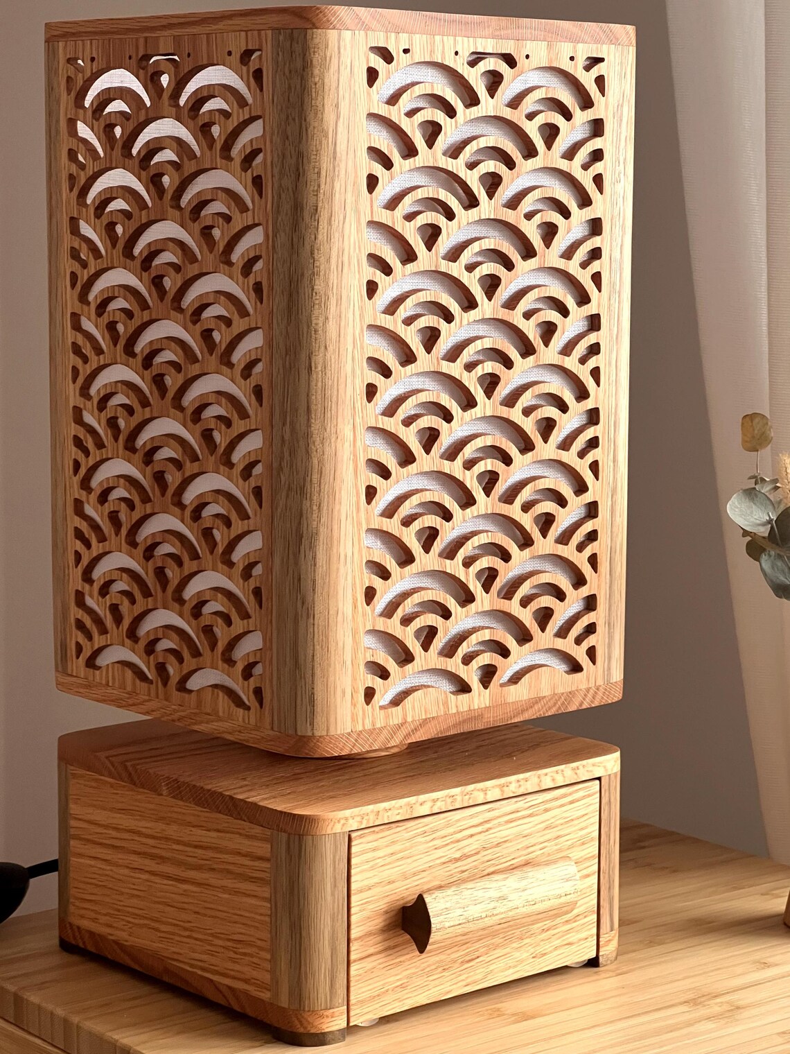 Wooden Kumiko Lamp With Seigaiha Pattern, Japanese Lamps, Bedside Shoji ...