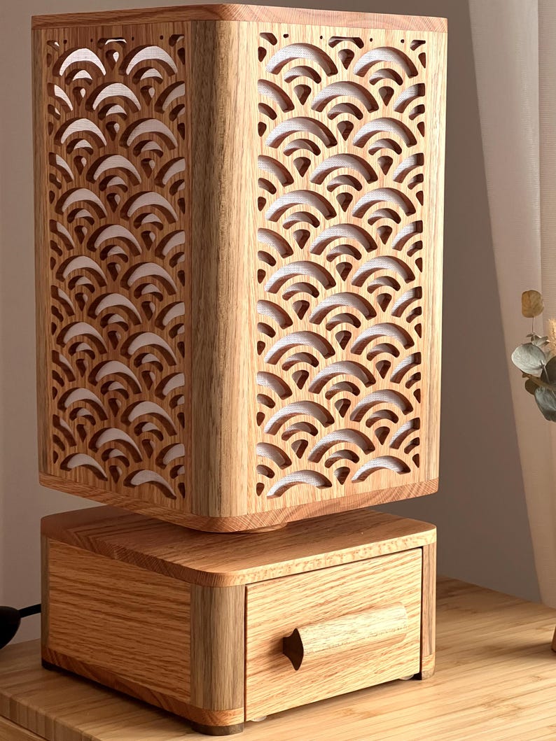 Wooden Kumiko Lamp With Seigaiha Pattern, Japanese Lamps, Bedside Shoji ...