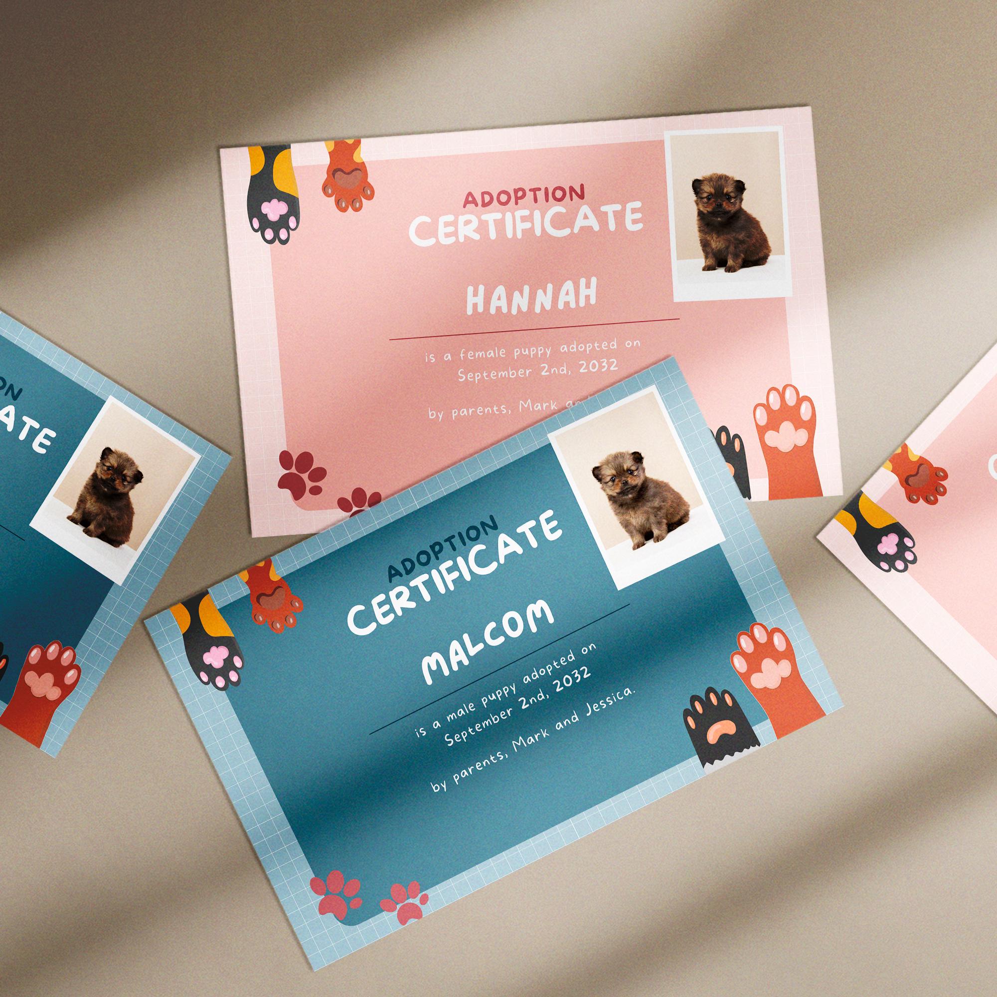 Pet Adoption Certificate | Printable Dog Adoption Certificate Editable ...