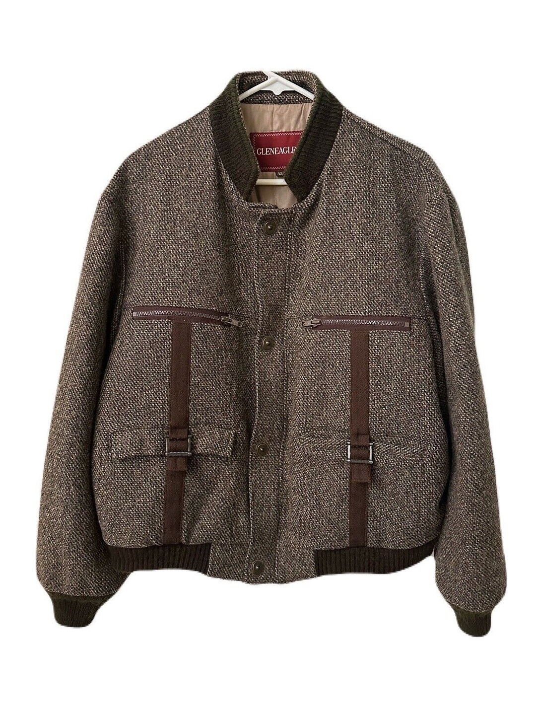 Unique 70s Vintage 100% Wool Military Style Bomber Jacket Brown Tweed ...