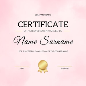 Printable Pink Certificate of Completion, Editable Training Diploma ...