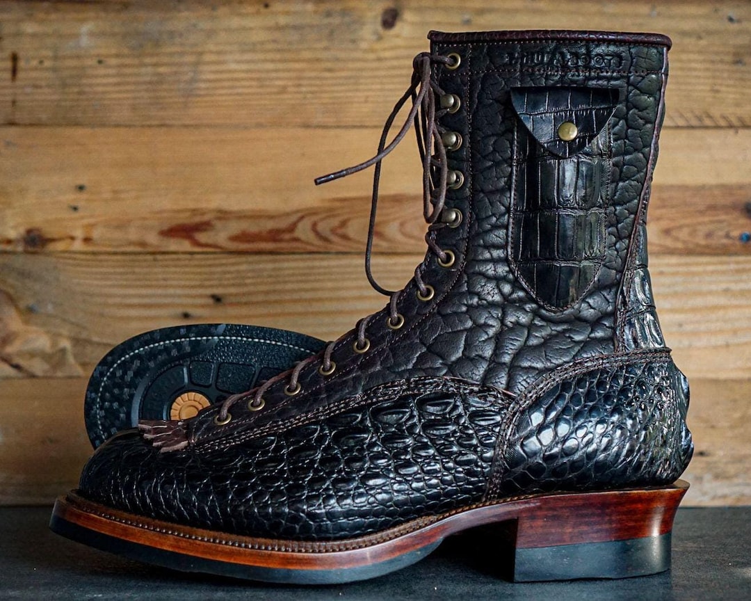Premium Alligator Texture Leather Lace-up Work Boots With Pocket and ...