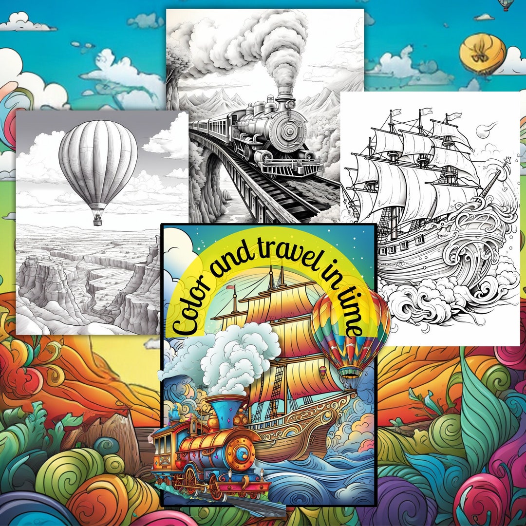 Color and Travel in Time Train Steamboat Plane Hot Air Balloon Old ...