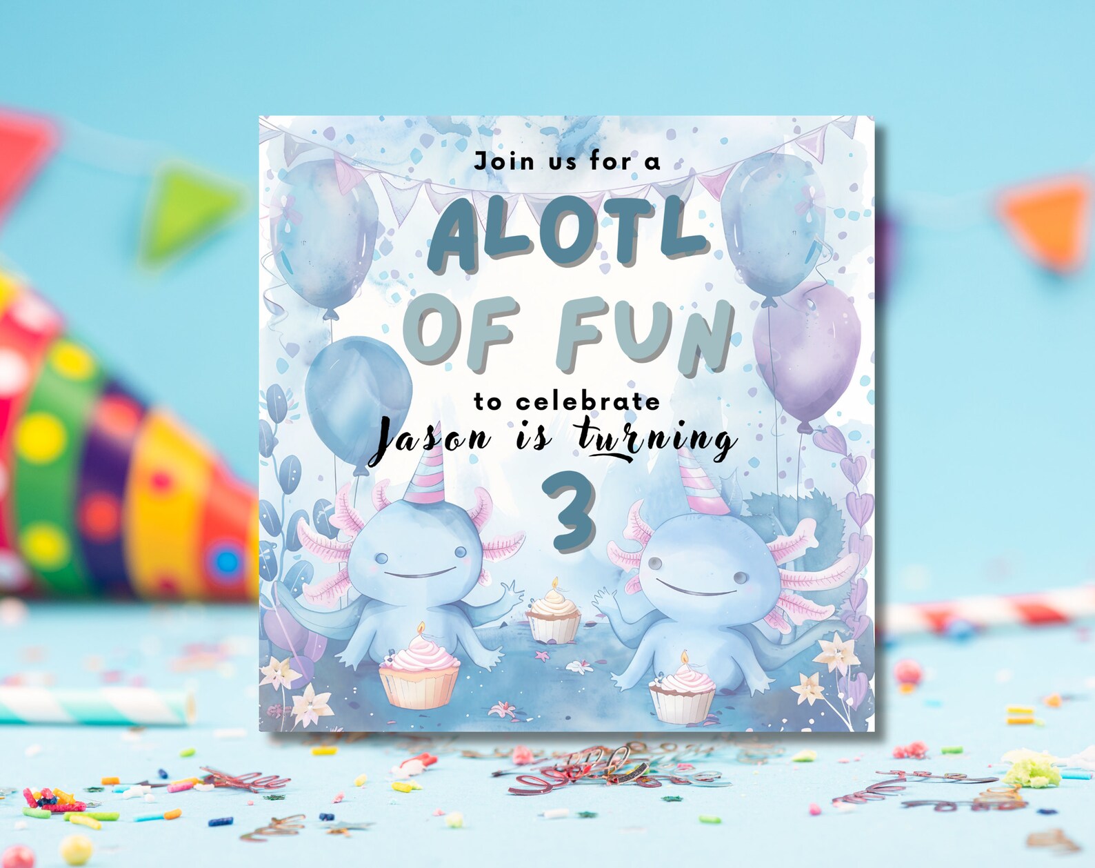 Editable Axolotl Invitation Axolotl Party Invite Blue Boy Axolotl ...