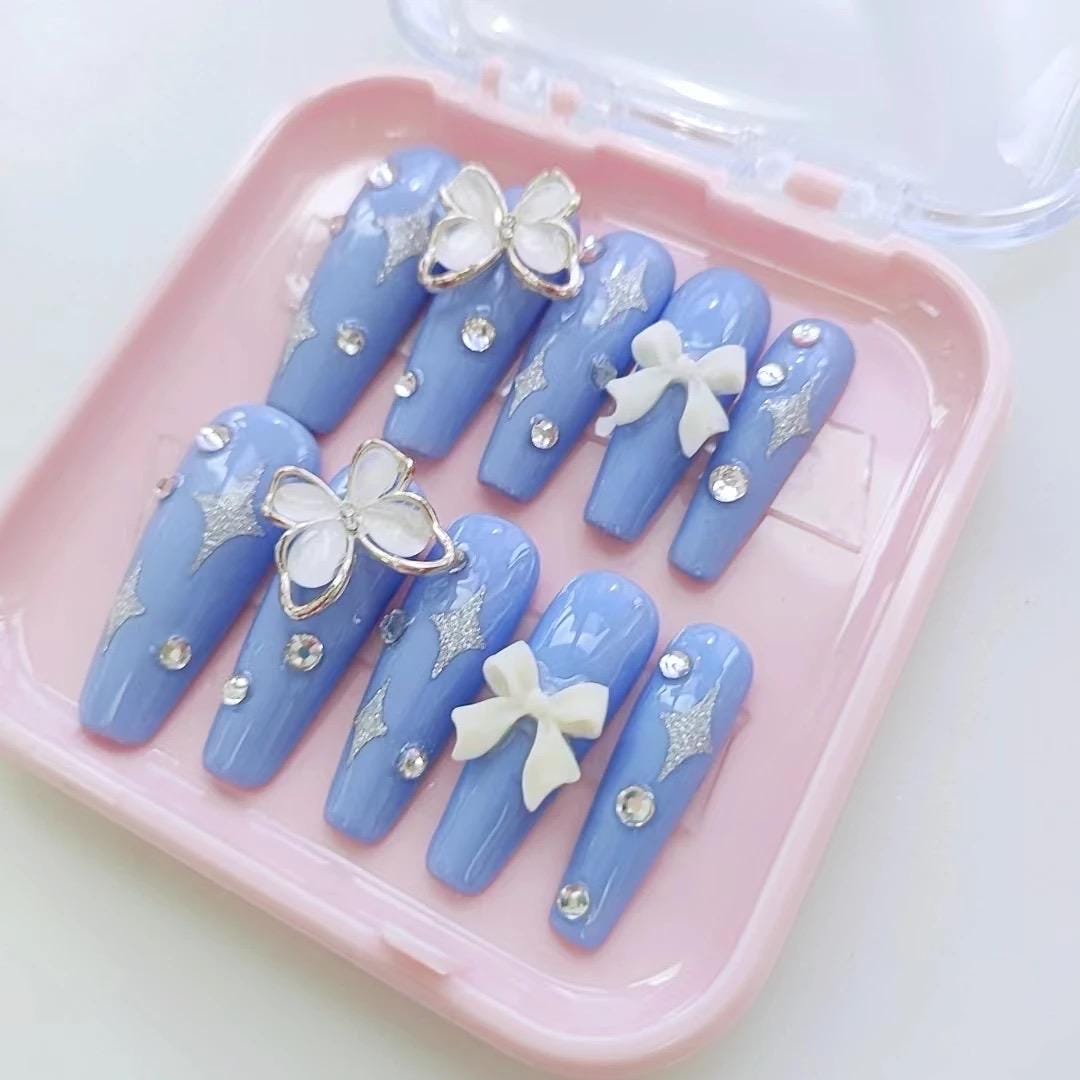 Rhinestone Blue Bow Baddie Acrylic Press on Nails Luxury Press on Nails ...