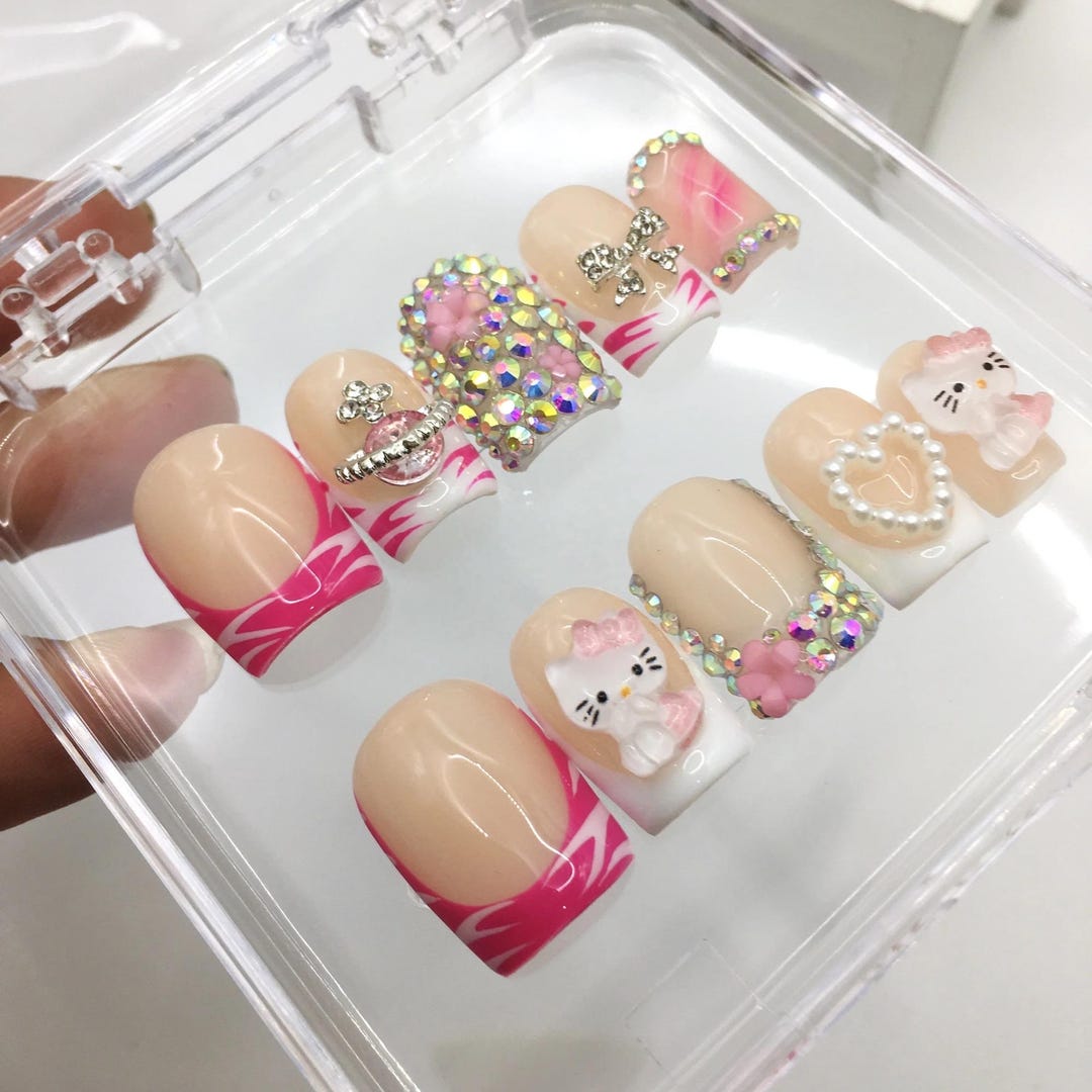 Rhinestone Hello Kitty French Tip Birthday Short Acrylic Press on Nails ...