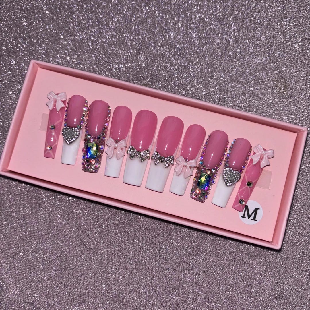 Rhinestone Pink Bow Baddie Acrylic Press on Nails Luxury Press on Nails ...