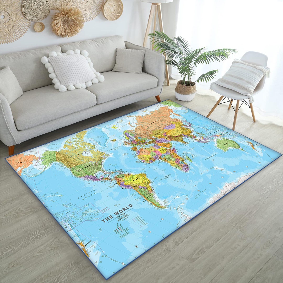 Map Rug, Map Design Rug, World Map Rug, Blue Rug, Map Decor ...
