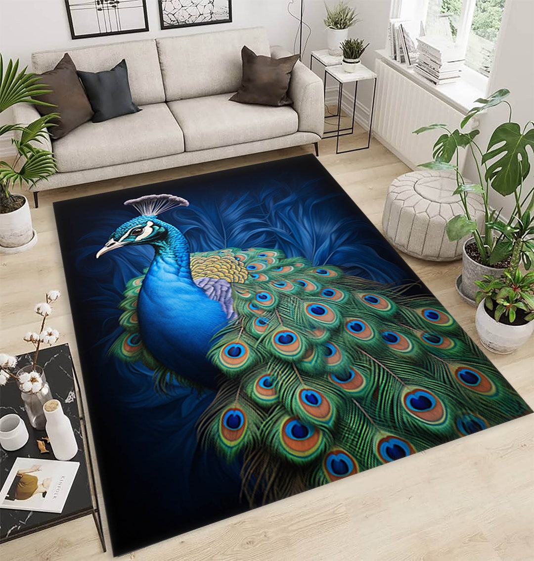 Peacock Rug, Peacock, Feather Pattern Rug, Colorful Rug, Living Room ...