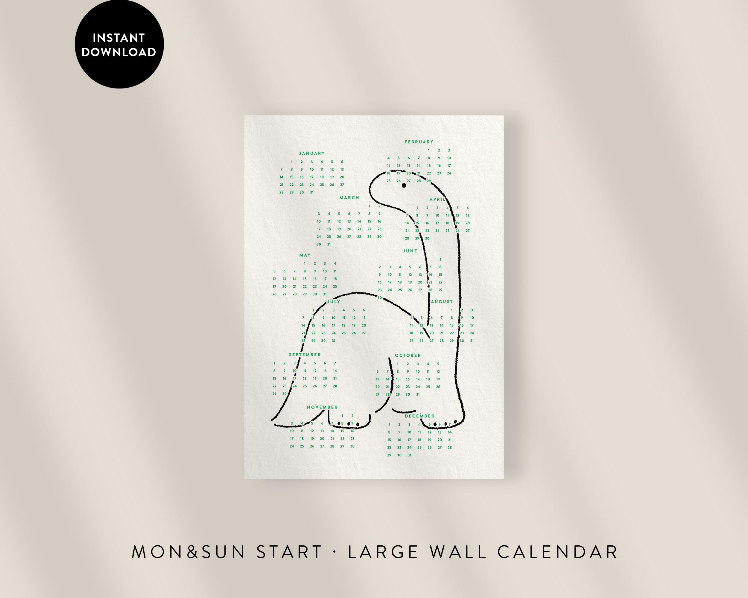 2024 Printable Dinosaur Calendar, Kids Room Educational Calendar, Line ...