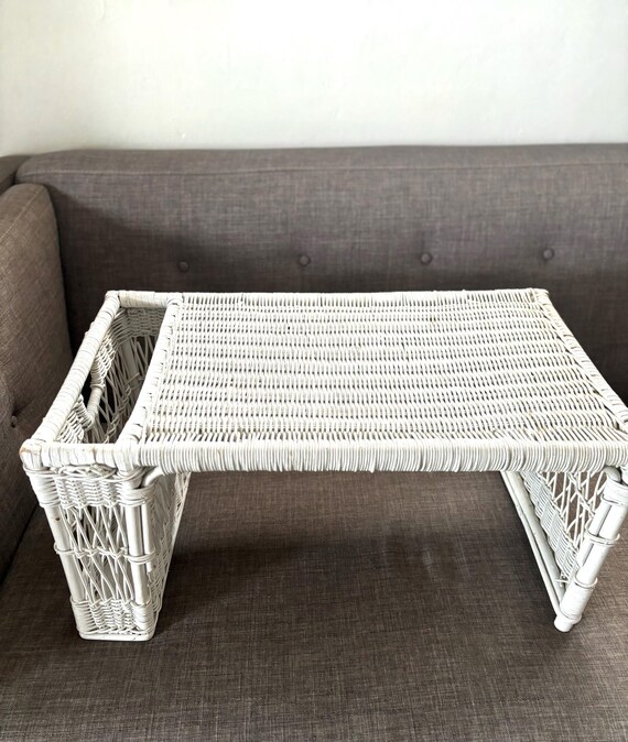 Vintage White Wicker Bed Tray Breakfast Tray With Magazine Storage Lap Desk Etsy