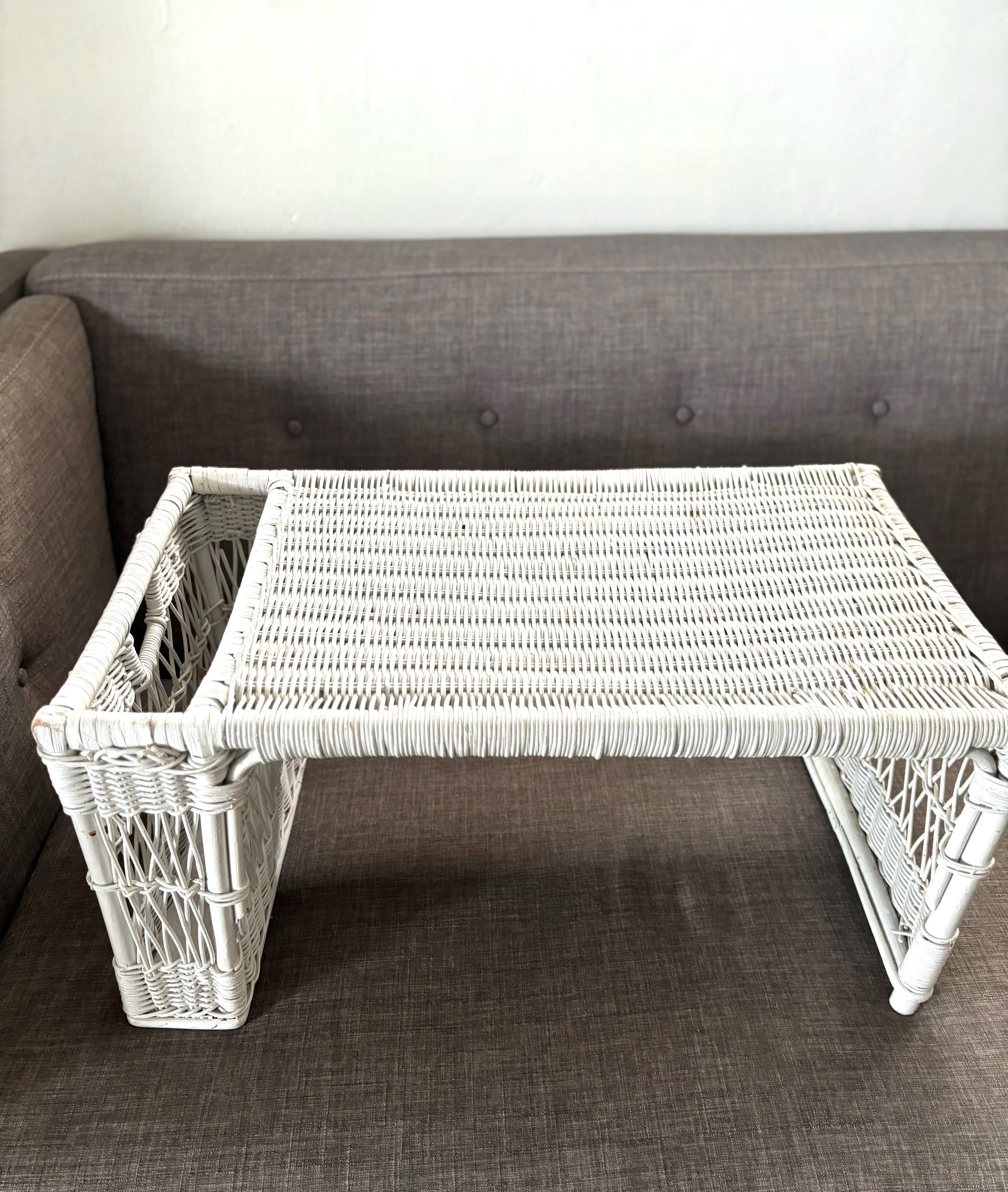 Vintage White Wicker Bed Tray Breakfast Tray With Magazine Storage Lap Desk Etsy