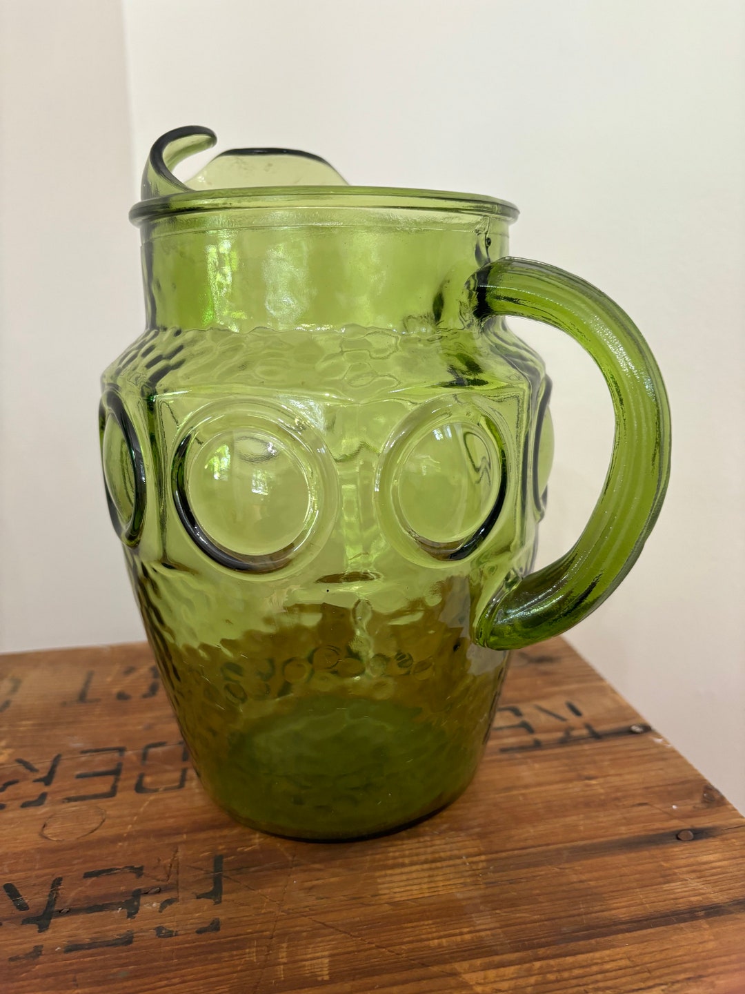 Vintage Green Glass Pitcher With Large Circles, 1960’s Green Glass ...