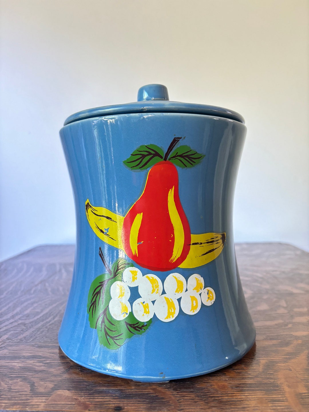 Vintage Blue Ceramic Glazed Cookie Jar With Painted Fruit Motif, Retro ...