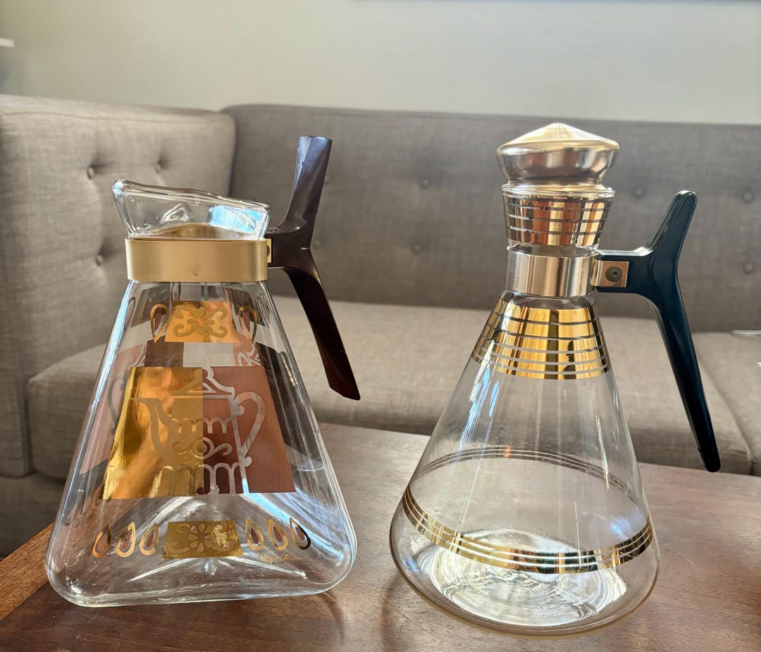 Vintage Inland Glass Coffee Carafes: Mid-century Modern Gold Accent Set ...