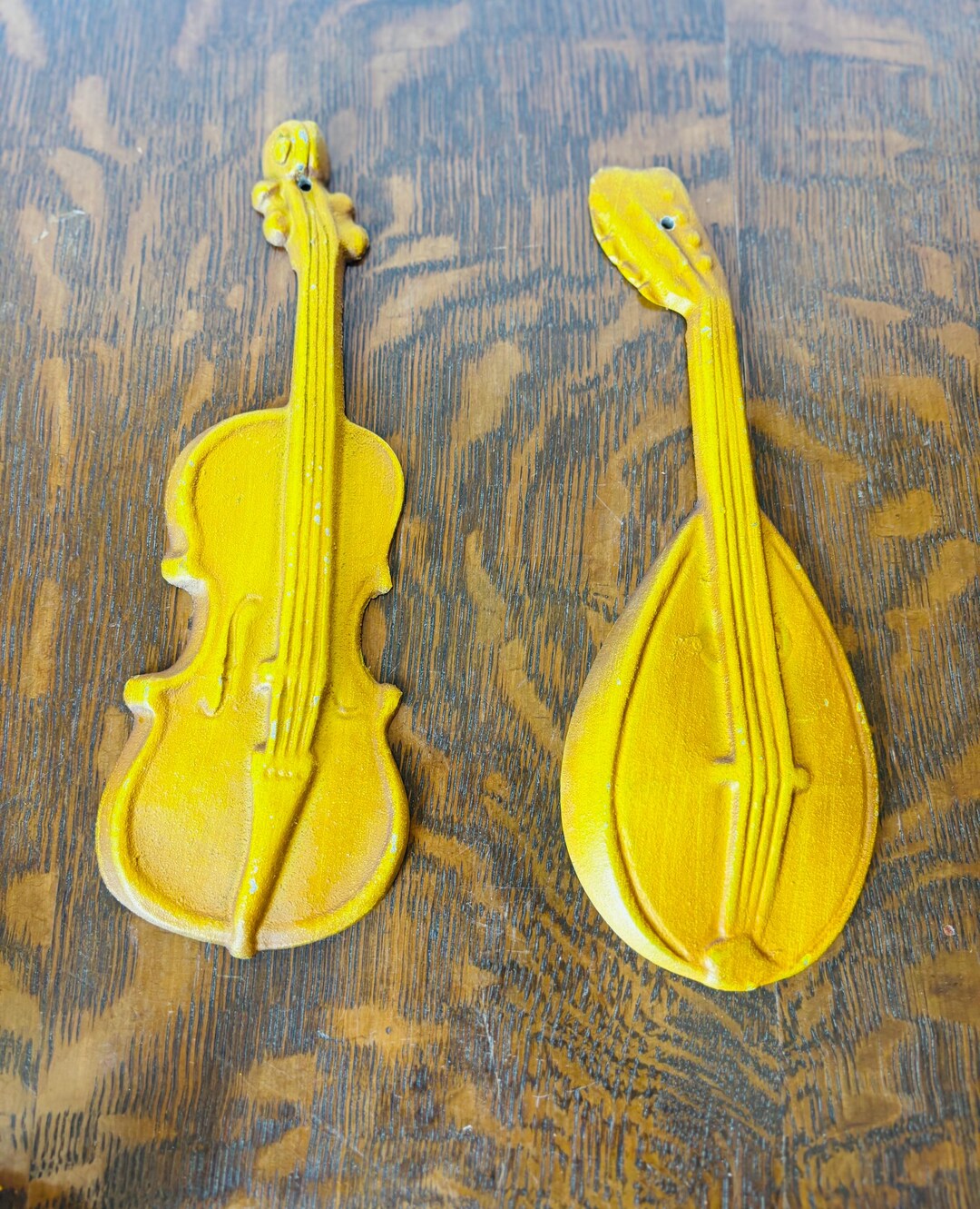 1970s Mandolin and Fiddle Yellow Painted Cast Metal Wall Hanging Set by ...
