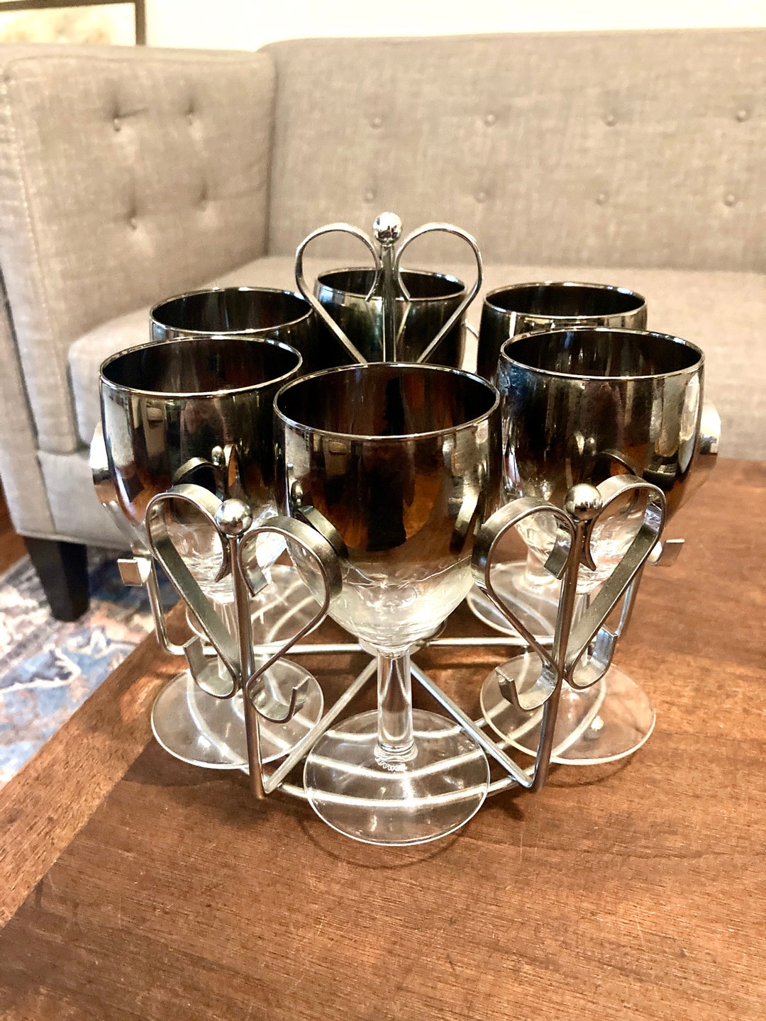 6 Vintage Queens Lusterware Silver Fade Wine Glasses With Heart Shaped ...