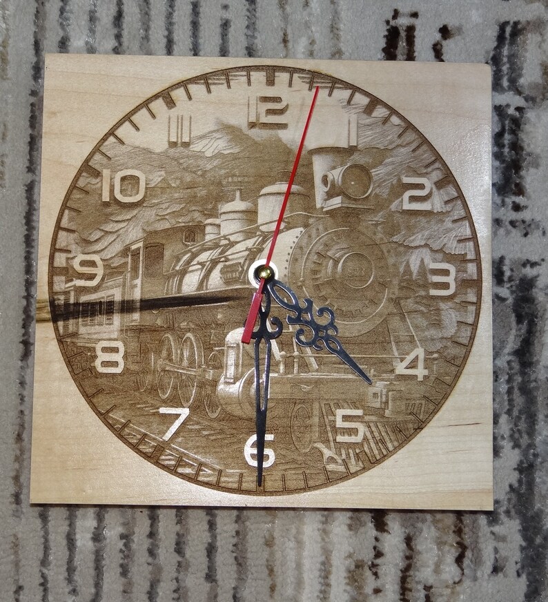 Laser-engraved Steam Locomotive Clock. Engraved on Ambrosia Maple. - Etsy