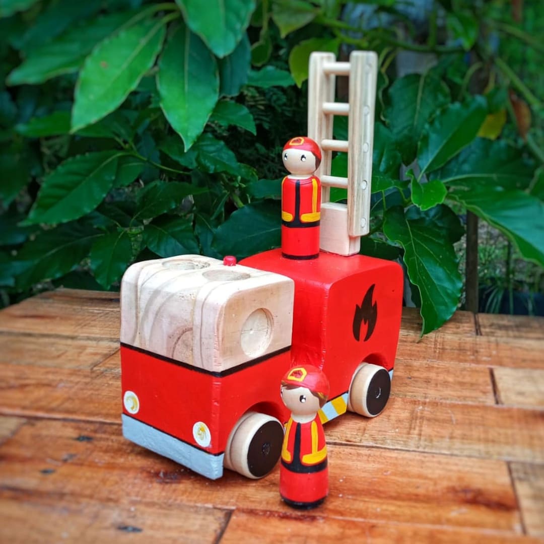Fire Truck Wooden Vehicle Wooden Toys Wooden Fire Truck Peg Doll ...