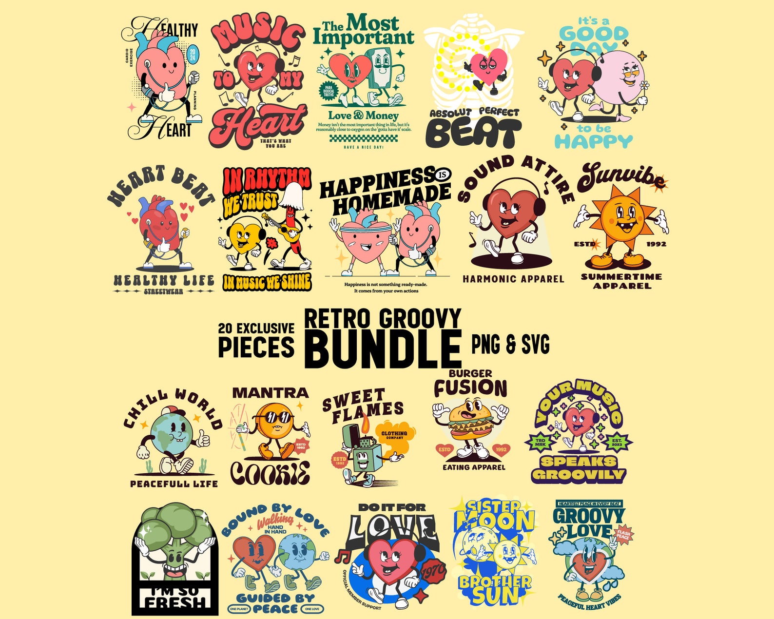 Retro Groovy Characters Bundle SVG PNG, Svg Cut Files for Cricut ...