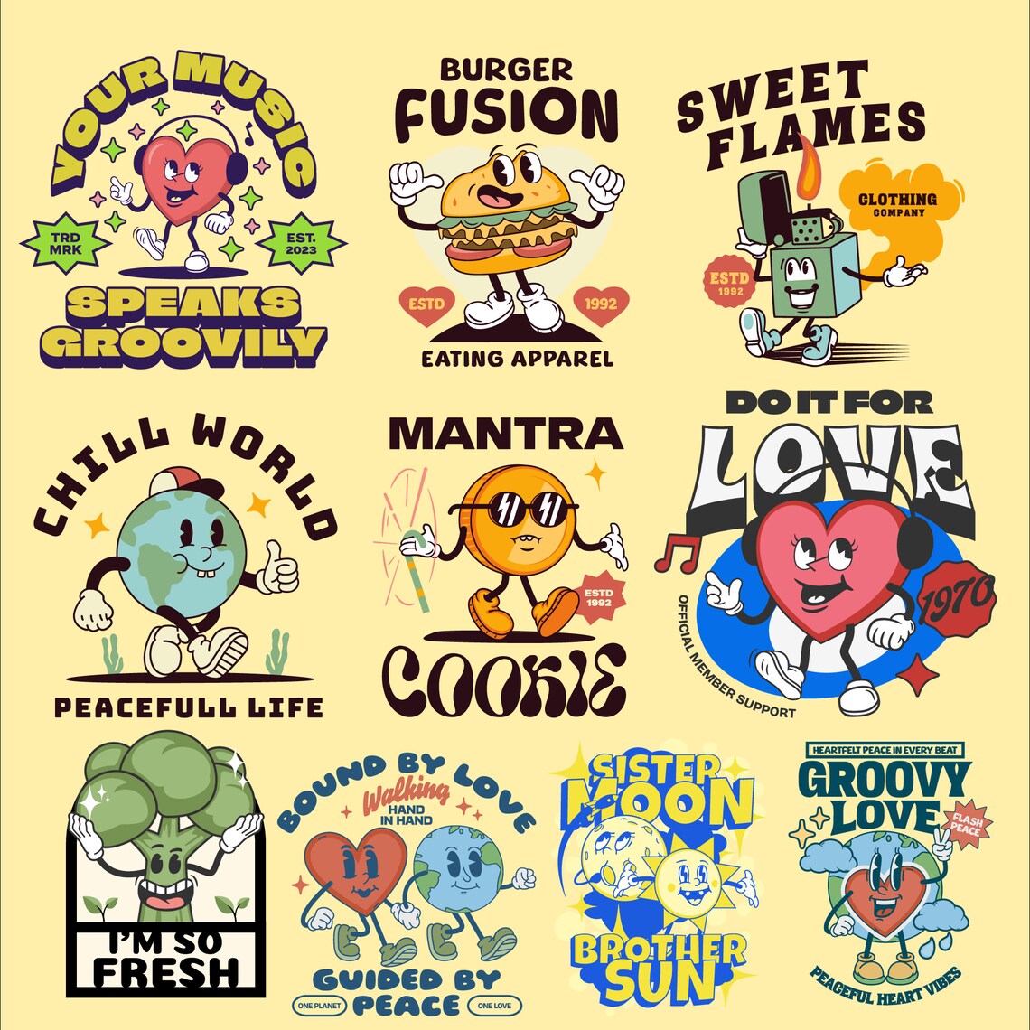 Retro Groovy Characters Bundle SVG PNG, Svg Cut Files for Cricut ...