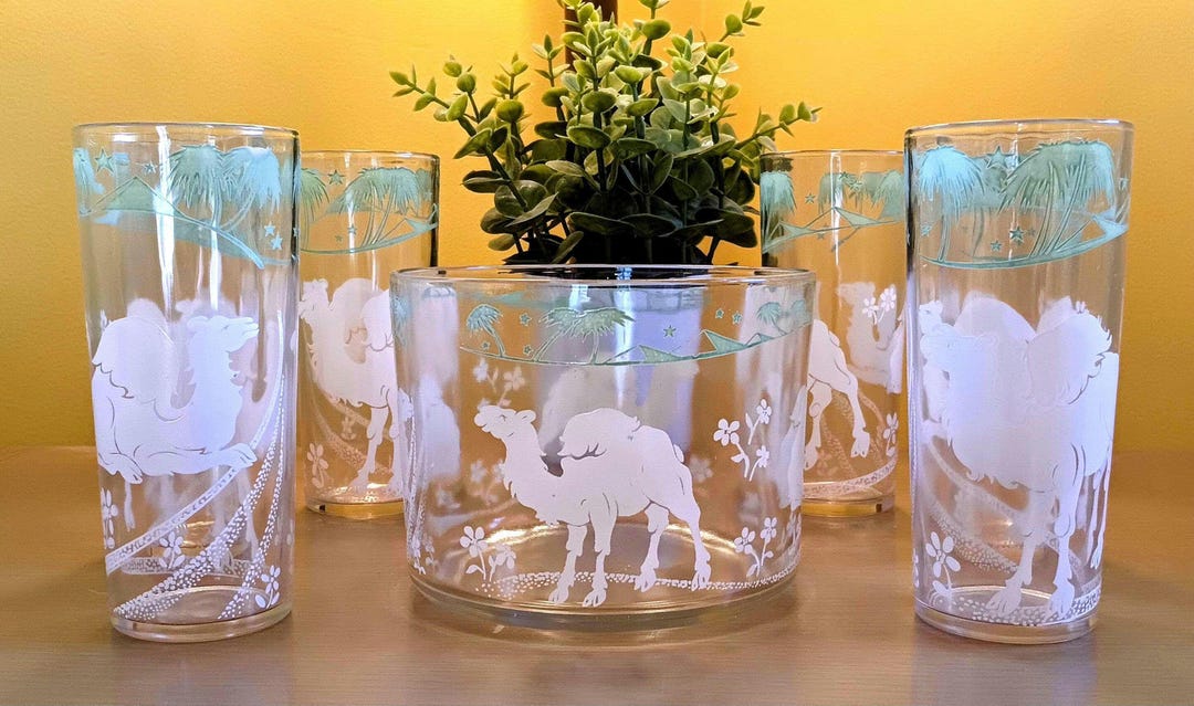 Rare Vintage Hazel Atlas Camel Palm Tree Ice Bucket and High Ball Set ...