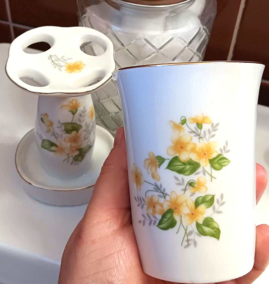 Vintage 1960s Toothbrush Holder and Cup, Japan Porcelain Bathroom ...