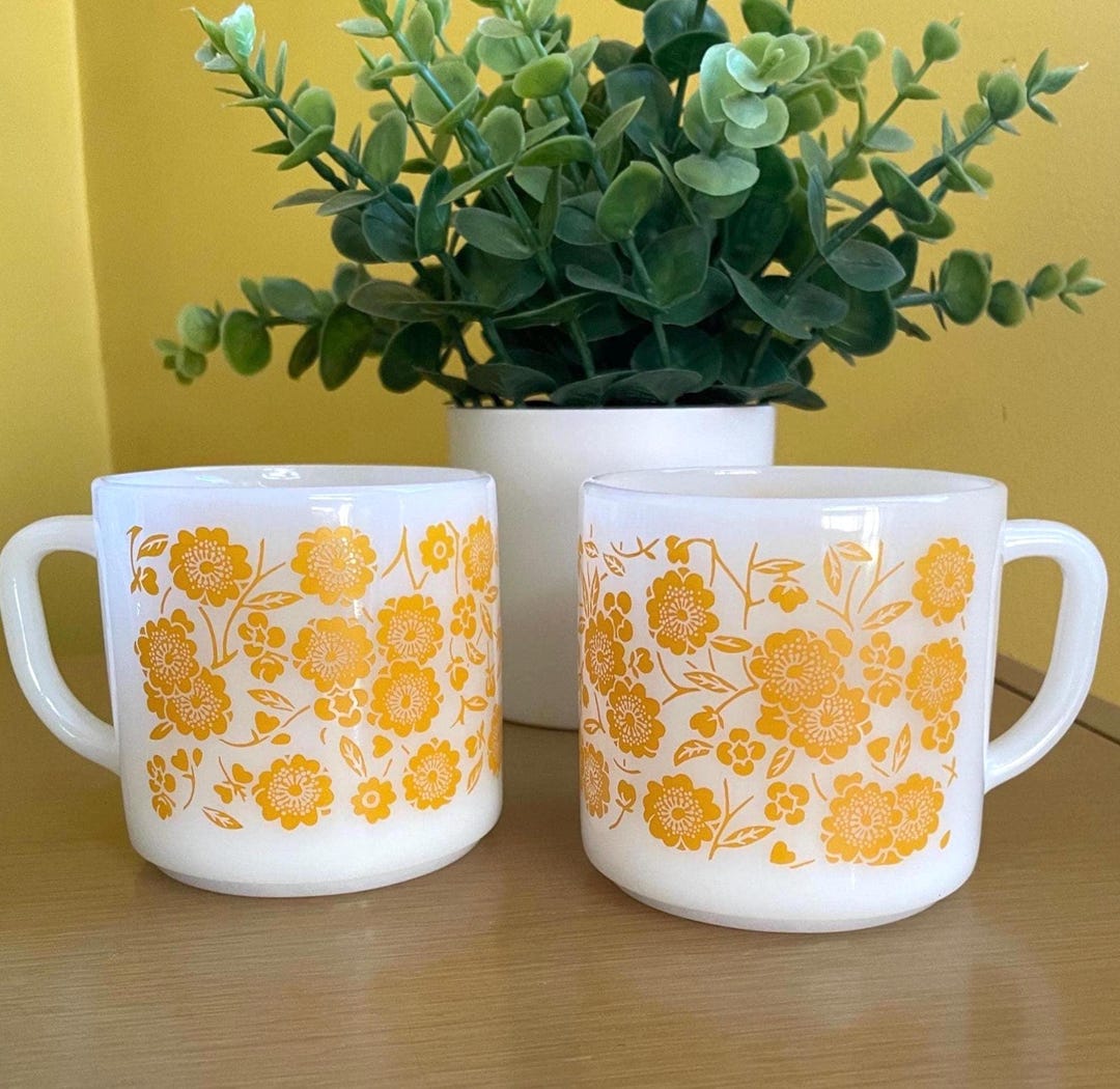 Vintage Federal Glass Yellow Calico Floral Mugs Set of 2 HTF - Etsy