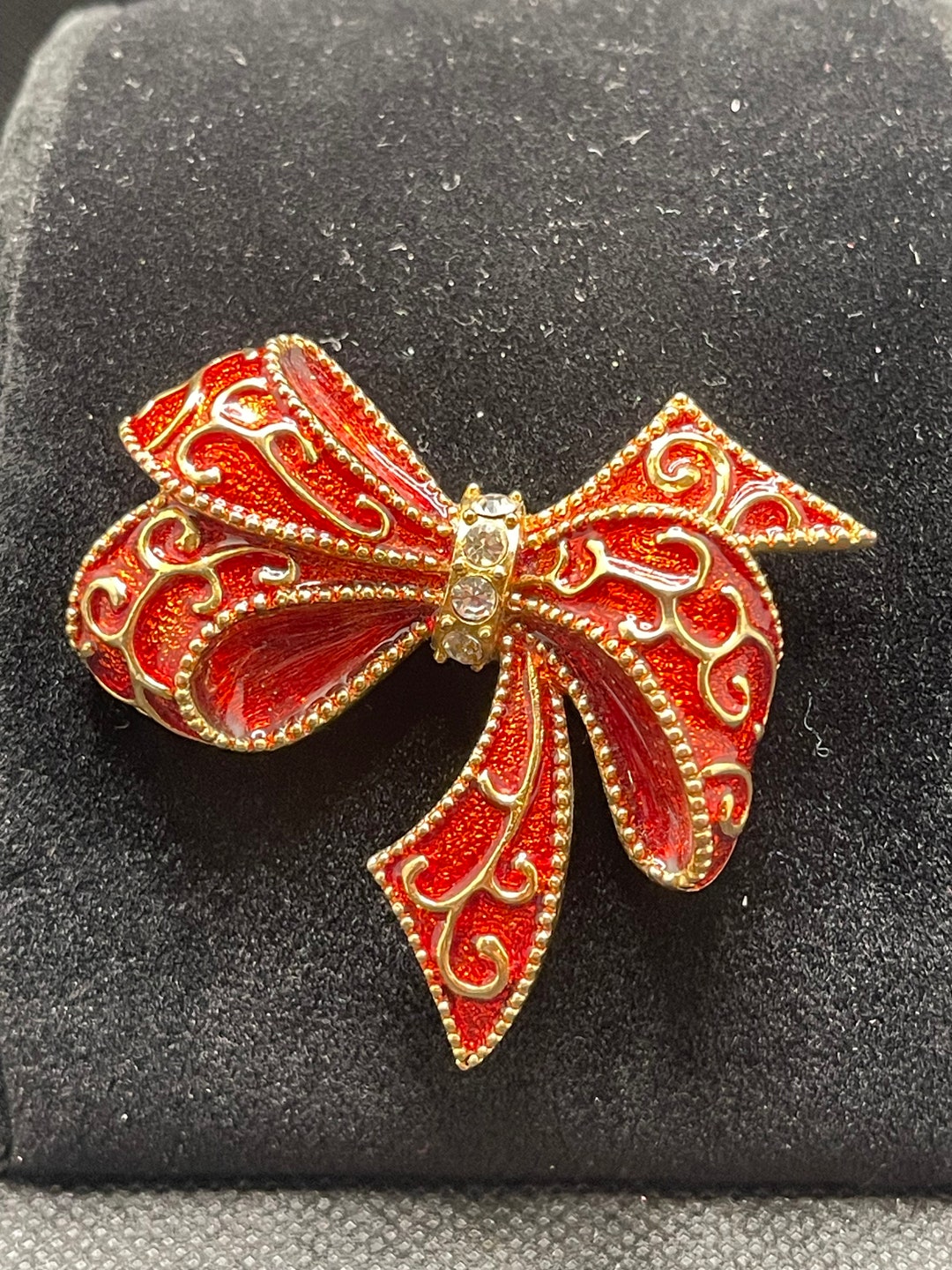 Vintage Monet Gold Tone Red Enamel, Rhinestone Bow Brooch or Pin. - Etsy