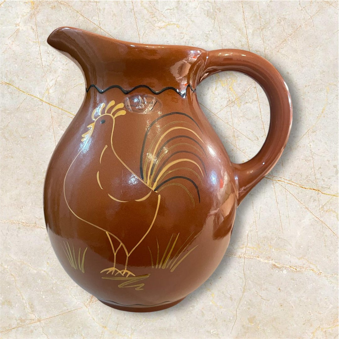 Vintage Hand Painted Red Pottery Rooster 96 Oz. Pitcher - Etsy