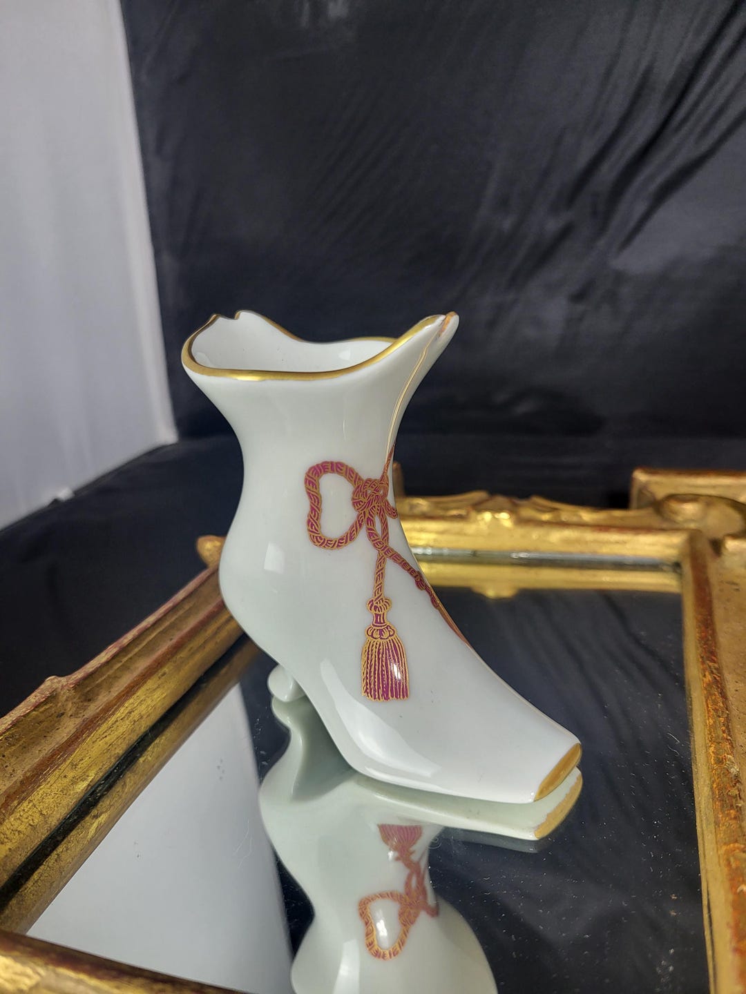 French Hand Painted Gilt Limoges Porcelain Miniature Shoe Pompom Cordon ...