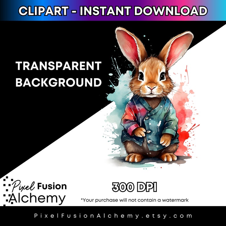 Watercolor Bunny Clipart PNG Cute Animal Clipart Watercolor Splashes ...