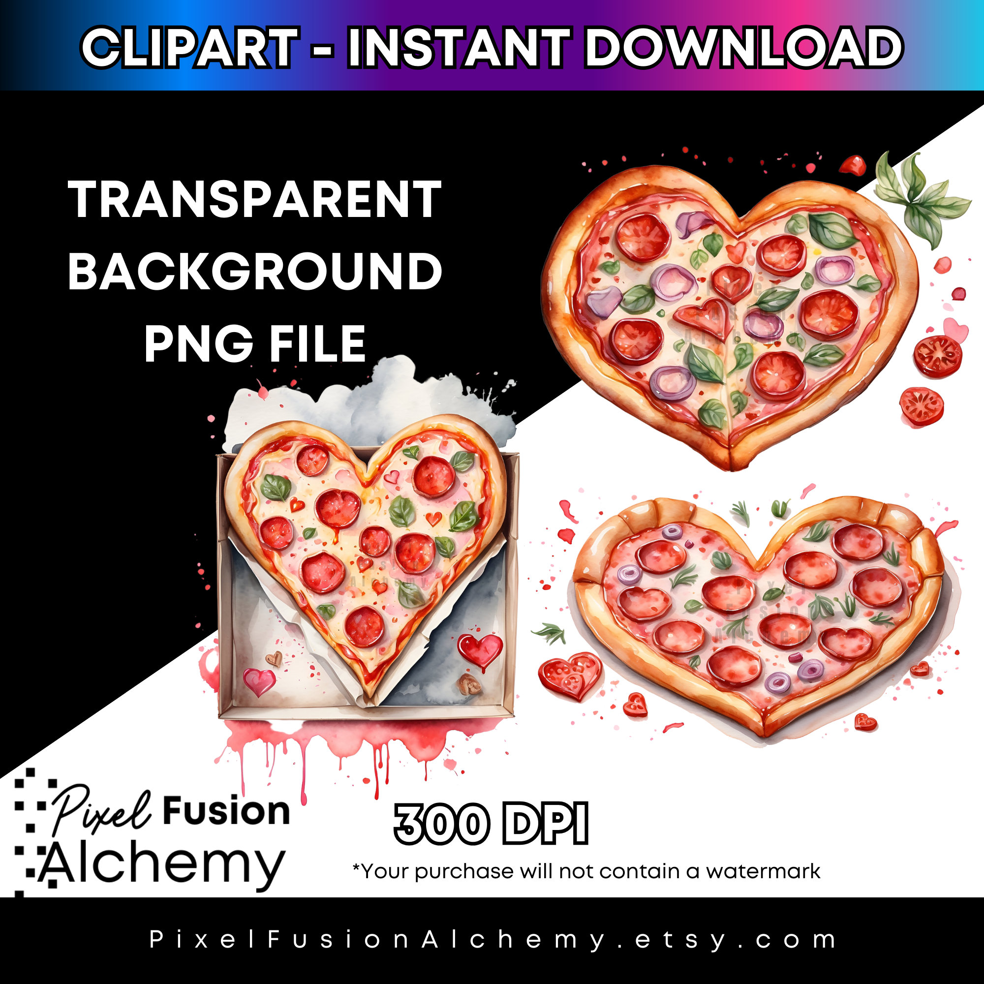 Watercolor Heart Pizza Clipart PNG | Valentine's Day Fast Food Romantic ...