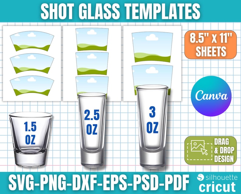 Shot Glass Template Bundle, 1.5oz, 2.5oz, 3oz Shot Glass Wrapper, Shot ...