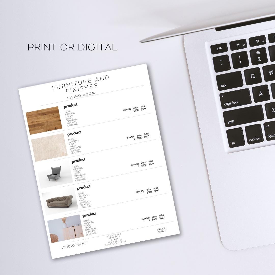 Interior Design Furniture and Finishes Schedule Template, Editable E ...