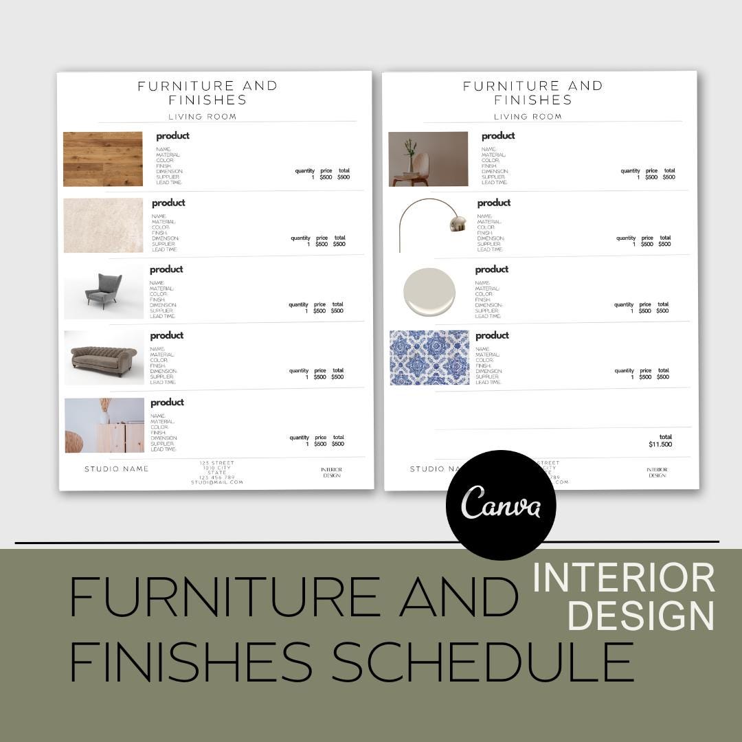 Interior Design Furniture and Finishes Schedule Template, Editable E ...