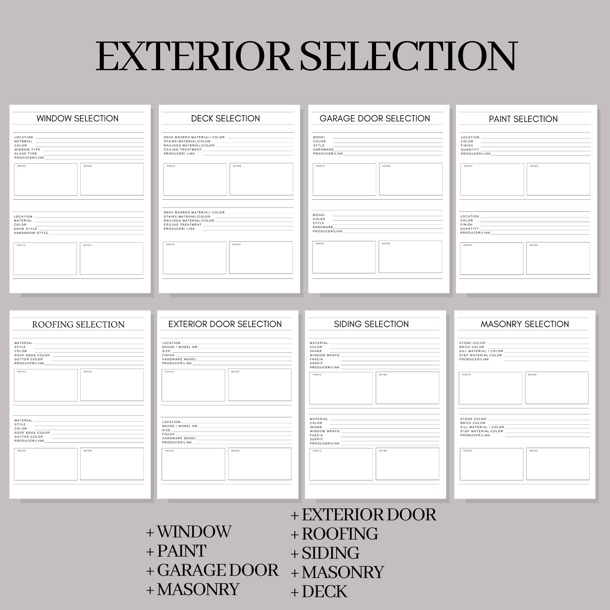 New House Exterior Selection Planner, Home Improvement Planner Template ...