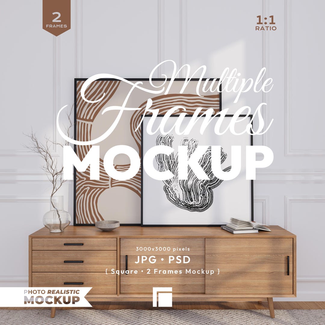 Square 2 Frames Mockup: 1x1 Ratio Poster Psd Template, Thin Black Frame ...