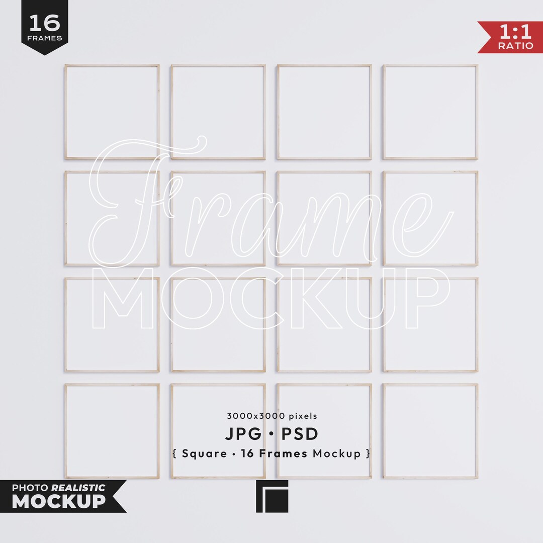 16 Square Frames Mockup: 1x1 Ratio (JPG, PSD) - Etsy