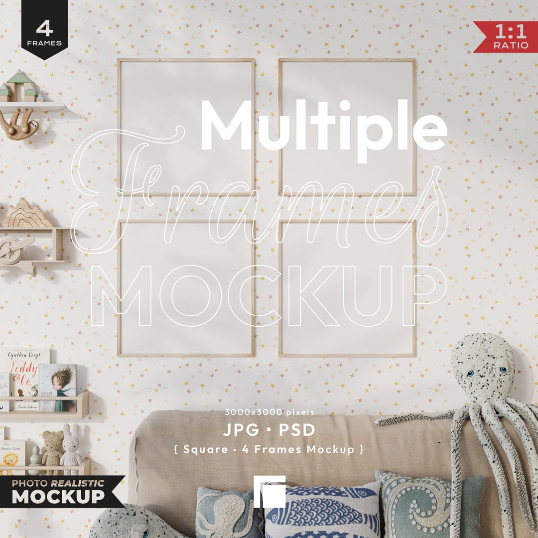 4 Square Frames Mockup, Modern Digital Mockup, Wooden Frame Mockup ...