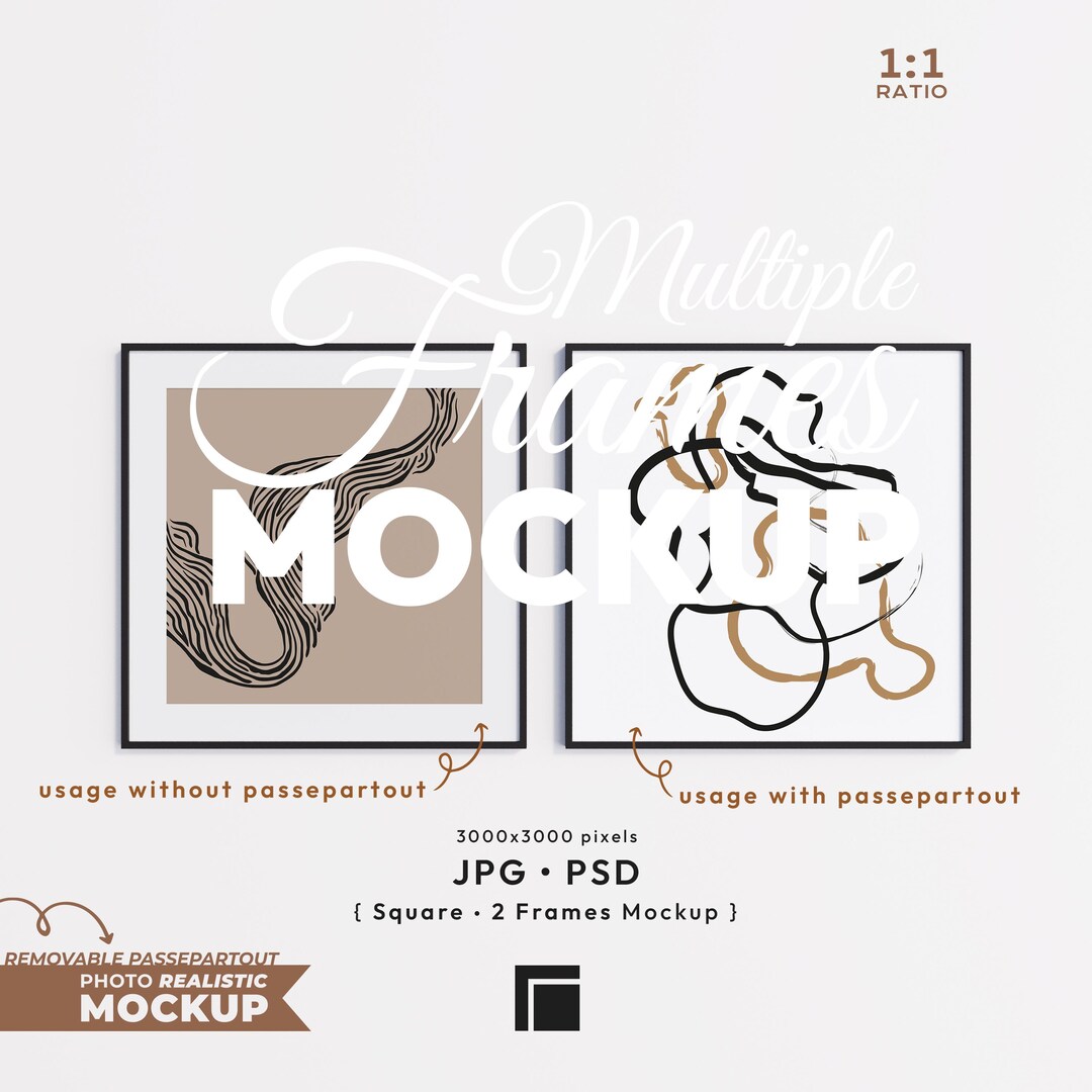 Square 2 Frames Mockup: 1x1 Ratio, Minimalist Poster Template (PSD, JPG ...