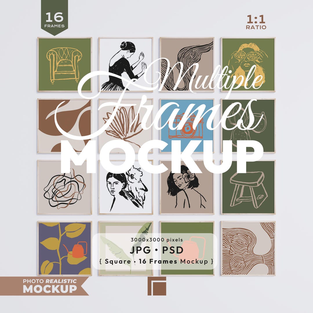 16 Square Frames Mockup: 1x1 Ratio Poster Template (JPG, PSD) - Etsy