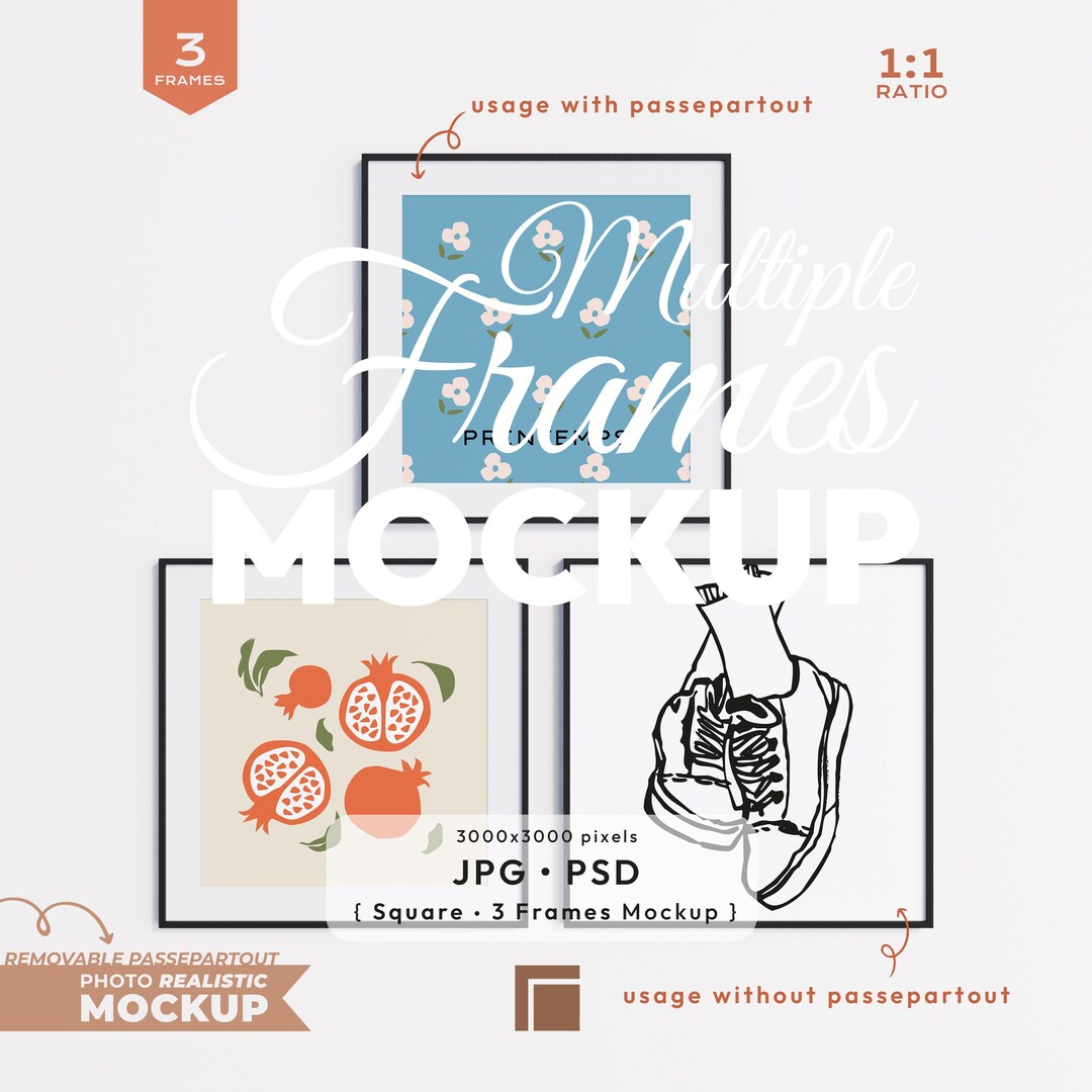 3 Square Frames Mockup: 1x1 Ratio Poster Templates With Smart Objects ...