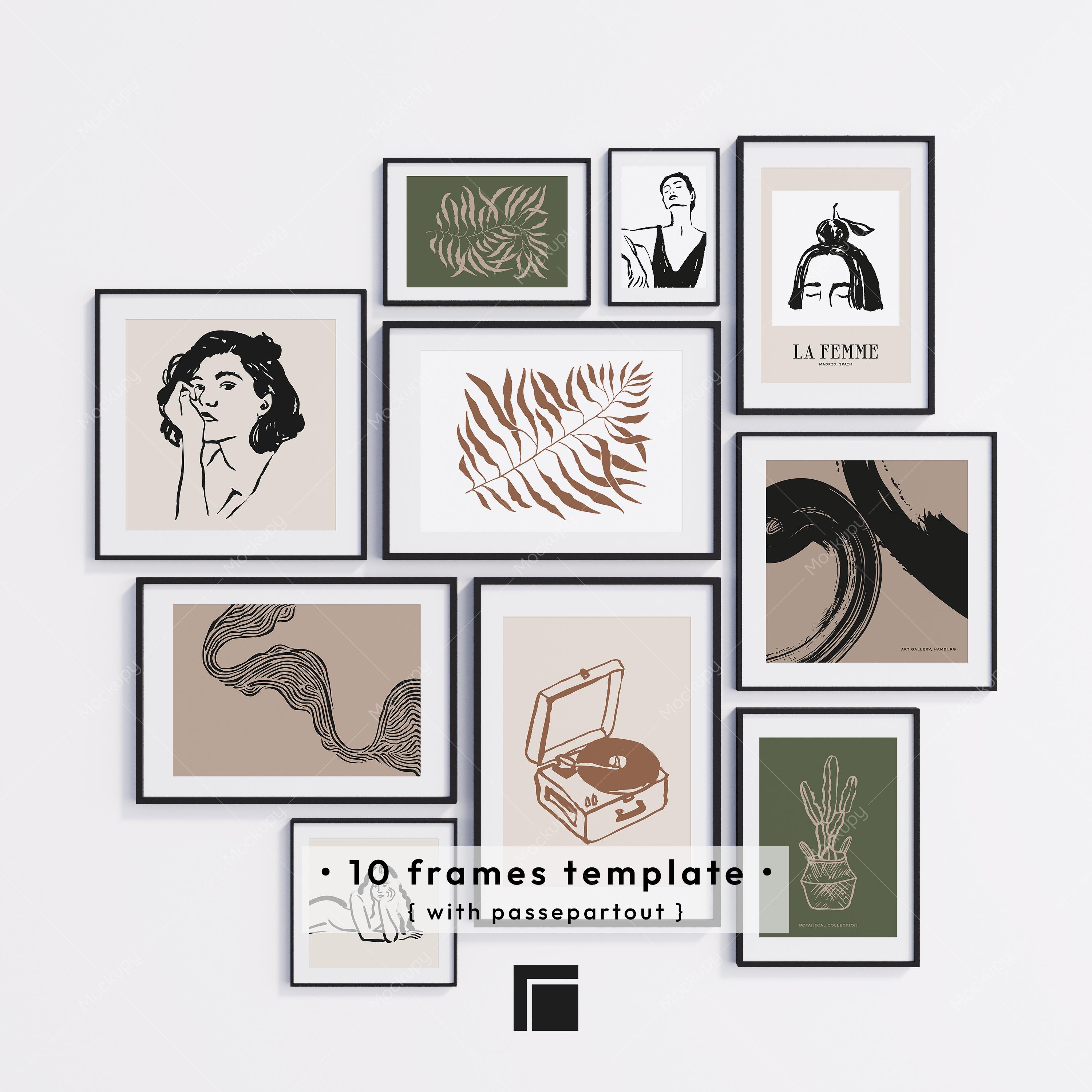 10 Frames Mockup: Gallery Wall Art Psd Template, Multiple Black Frames ...