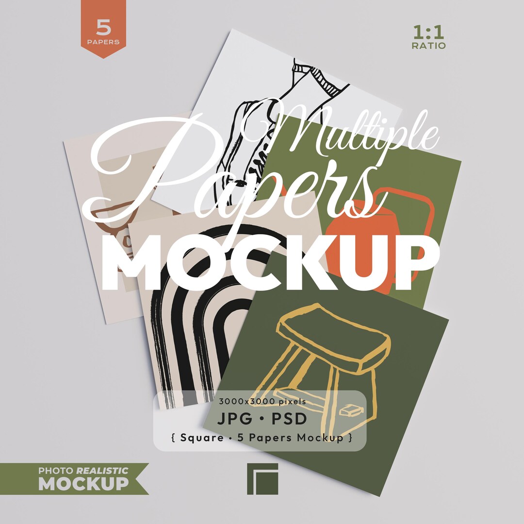 5 Square Papers Mockup: 1x1 Ratio Poster Templates With Smart Objects ...
