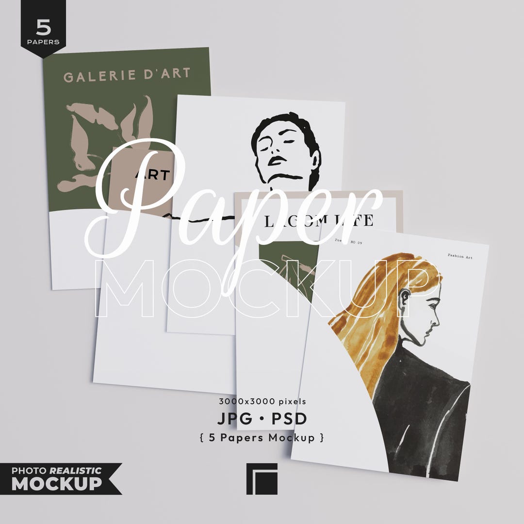 5 Papers Mockup, Vertical Print Poster Mockup, Paper Mockup Set of 5 ...