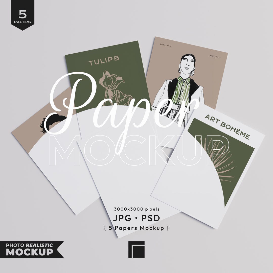 5 Papers Mockup, Vertical Print Poster Mockup, Lying Frame Mockup ...