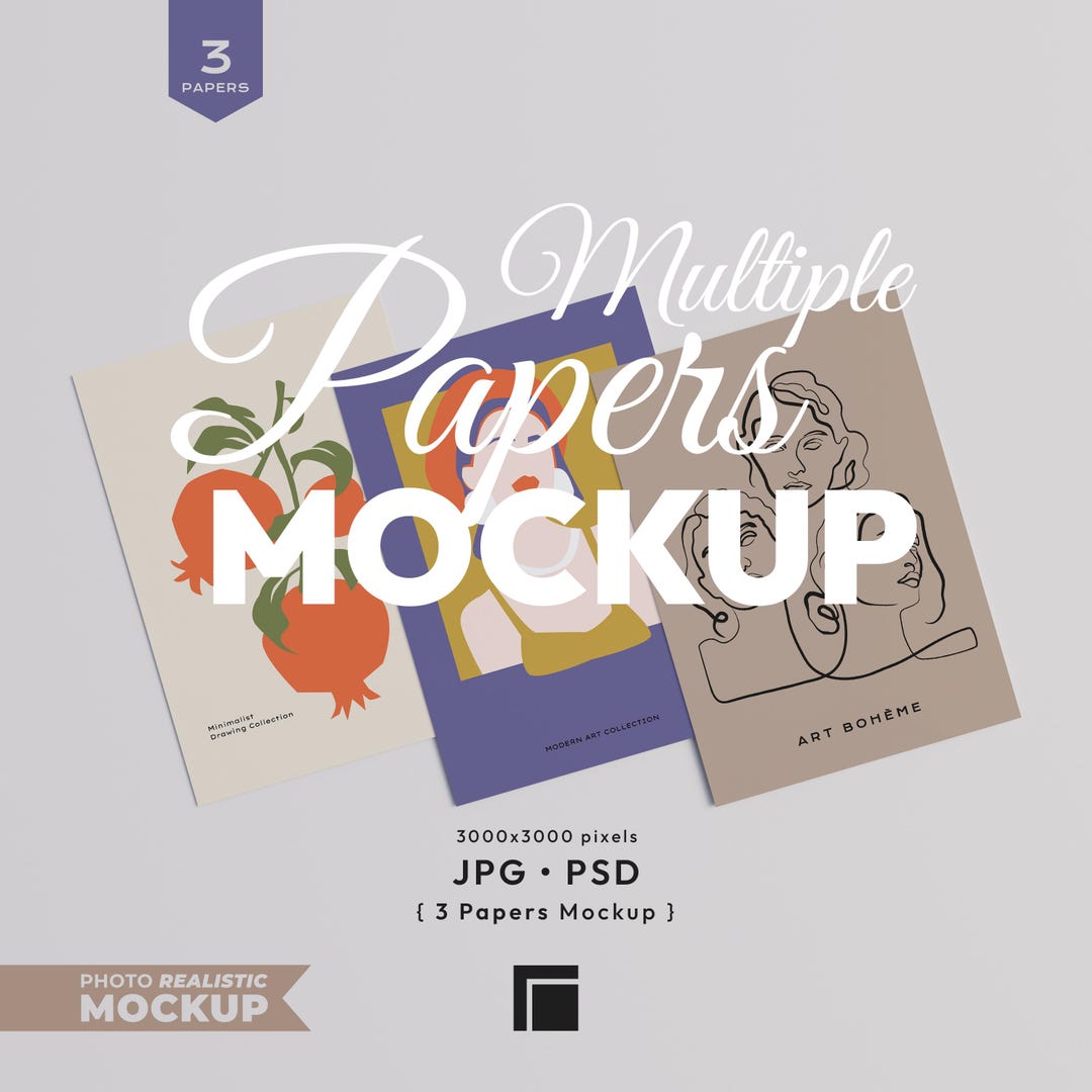 Vertical 3 Papers Mockup: Paper Mockup Set Template (JPG, PSD Files ...