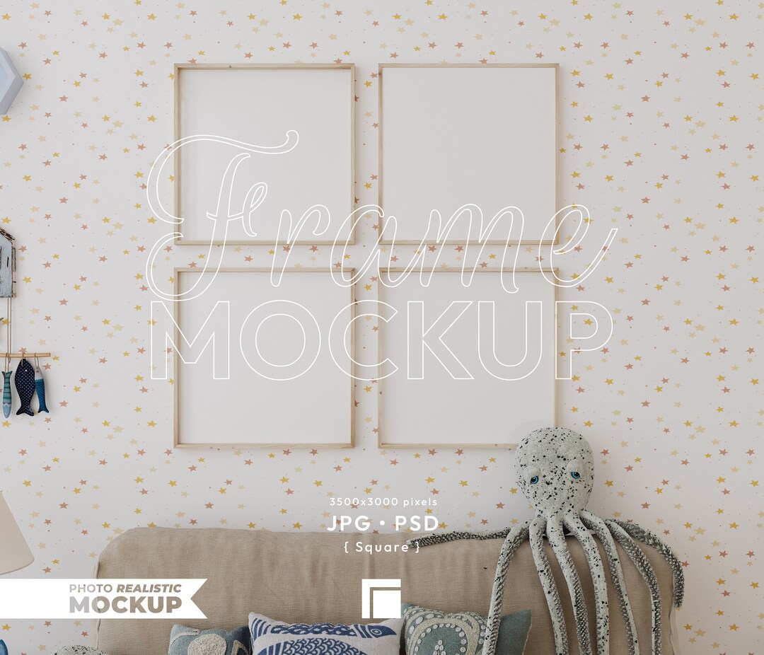 4 Square Frames Mockup, Modern Digital Mockup, Wooden Frame Mockup ...
