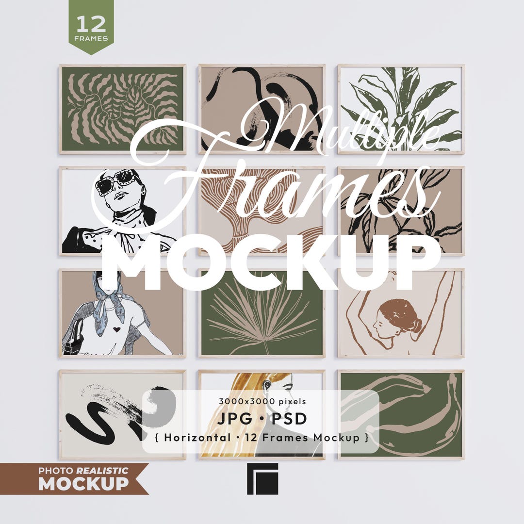 12 Horizontal Frames Mockup: Gallery Wall Art Template (PSD & JPG ...